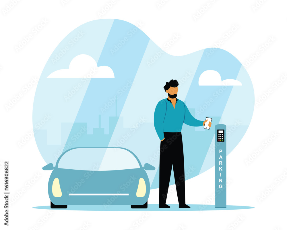 Guy pays contactless with cell phone for parking at self service ...