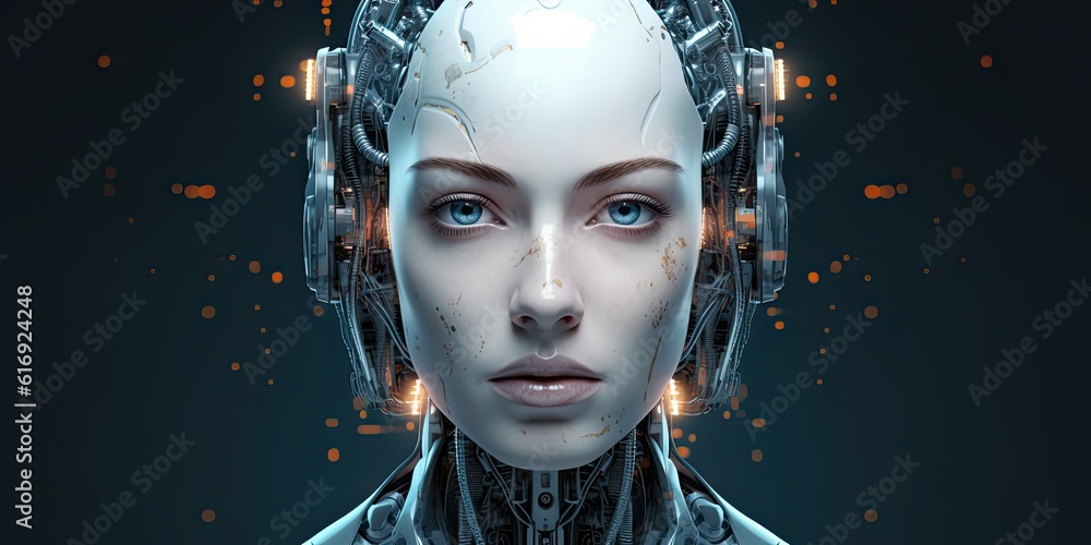 Generative AI. Robot girl on the blue background. Girl cyborg ...
