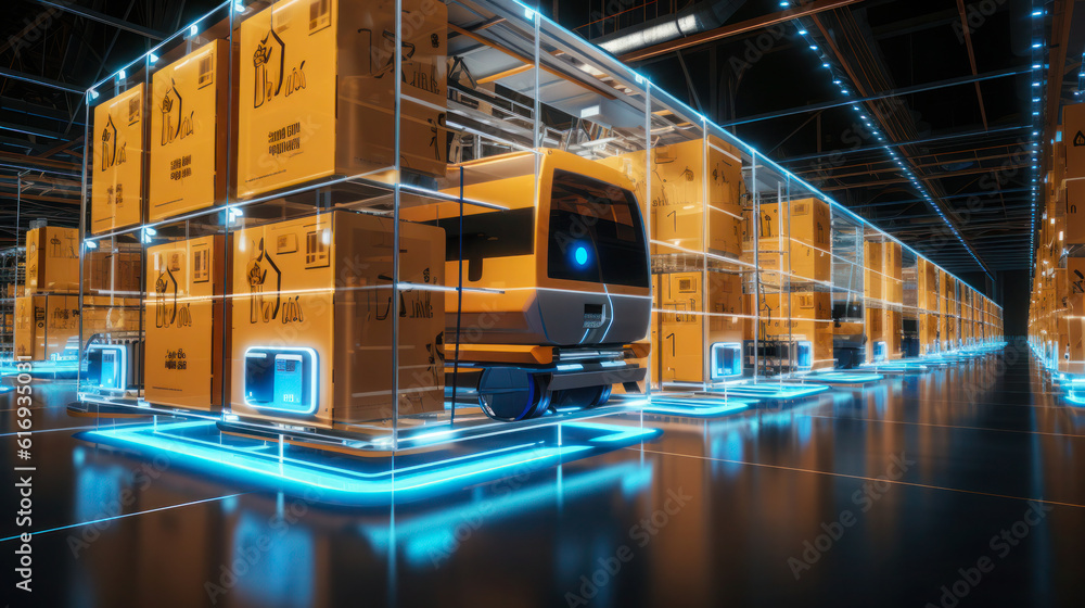 Concept of 5G for industrial use and a smart factory. Automated guided ...
