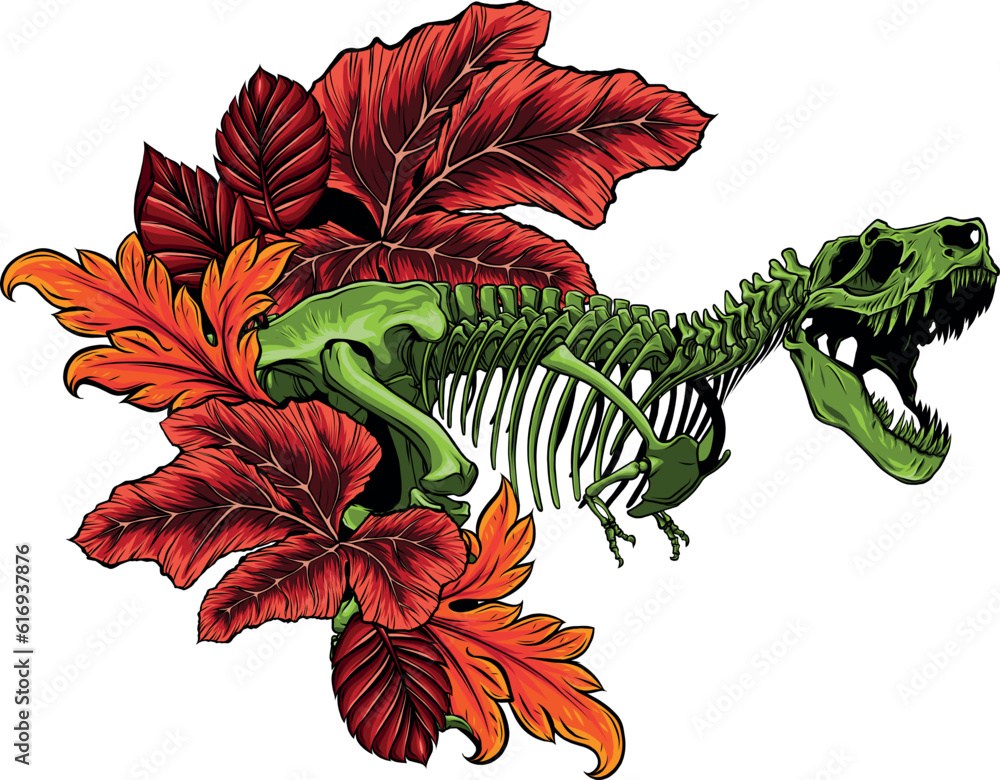 vector illustration of Tyrannosaurus Rex dinosaur skeleton with leaves ...