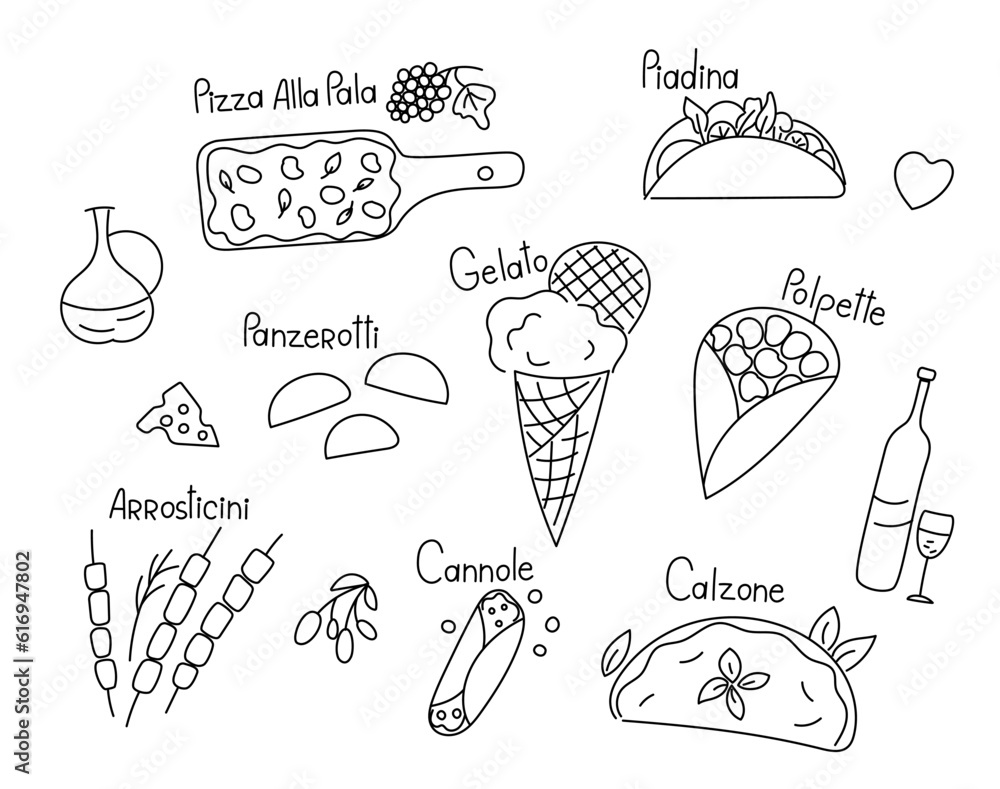 Set of Italian street food. Hand drawn elements of food. Doodle icons ...