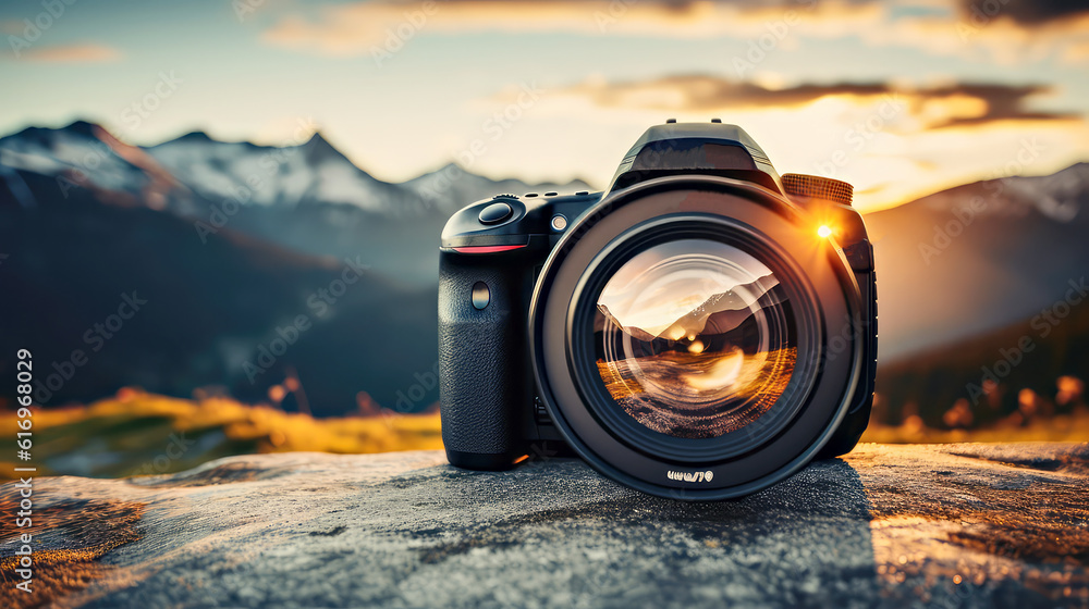 World photography day camera with mountain landscape background Stock ...
