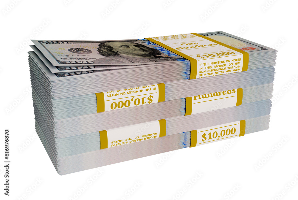 5 currency straps of $100 bills, worth of $10,000 each. Bundle of ...