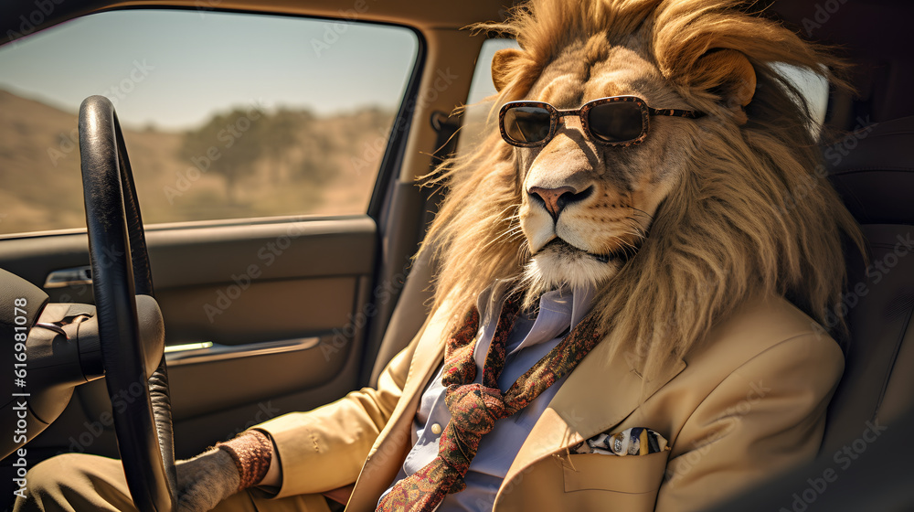 the lion king sitting in the car seat, lion with glasses and jewelry ...