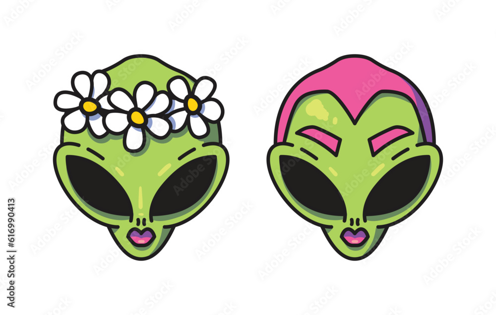 Cute cartoon alien girls vector set. Female space creatures with pink ...