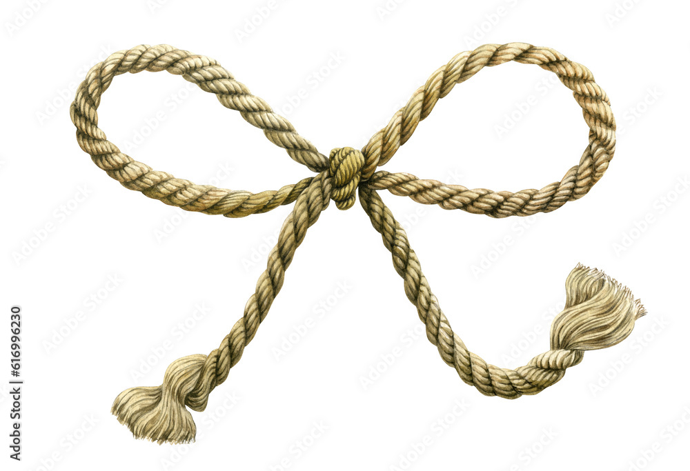 Watercolor hand drawn illustration bow knot of the rope. Jute rope with ...
