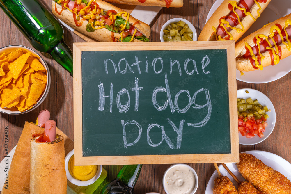 National Hot Dogs day background, hotdog summer party festival foods ...