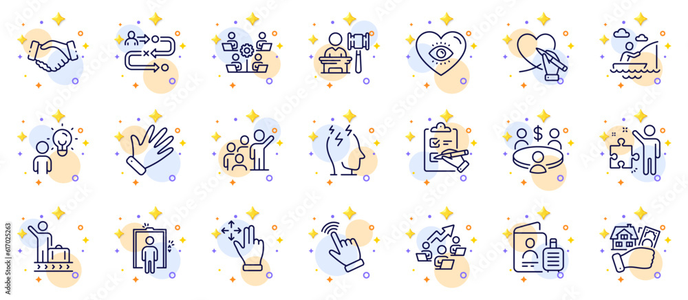 Outline set of Journey path, Teamwork and Buying house line icons for ...