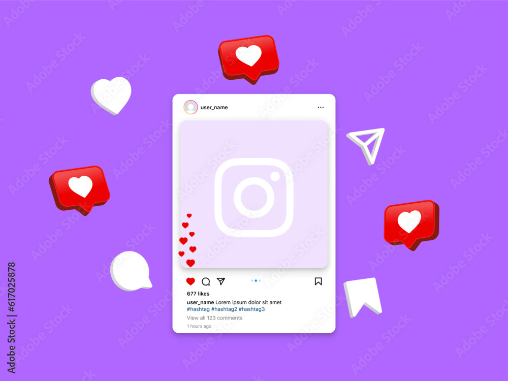 instagram post frame mockup template and 3d heart like in speech bubble ...