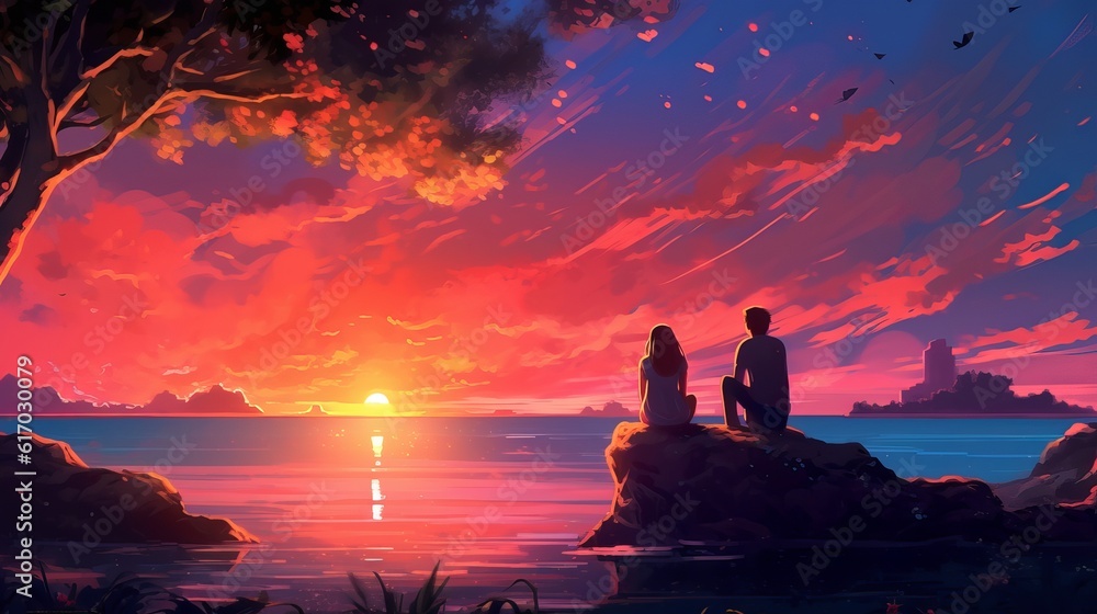 Couple watching beautiful sunset, Evening sunset view in anime ...