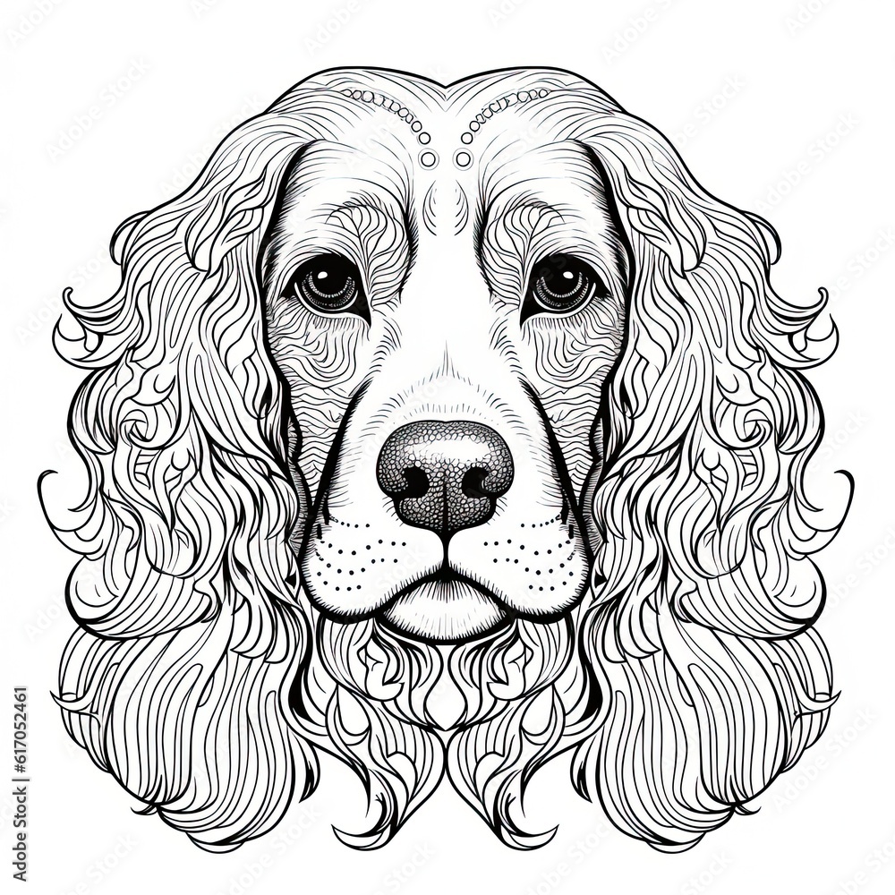 Cocker Spaniel animal line art illustration. Black and white coloring ...