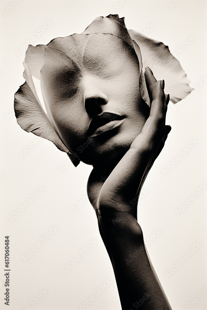 Study of multiple exposure style image of a model and flower juxtaposed ...