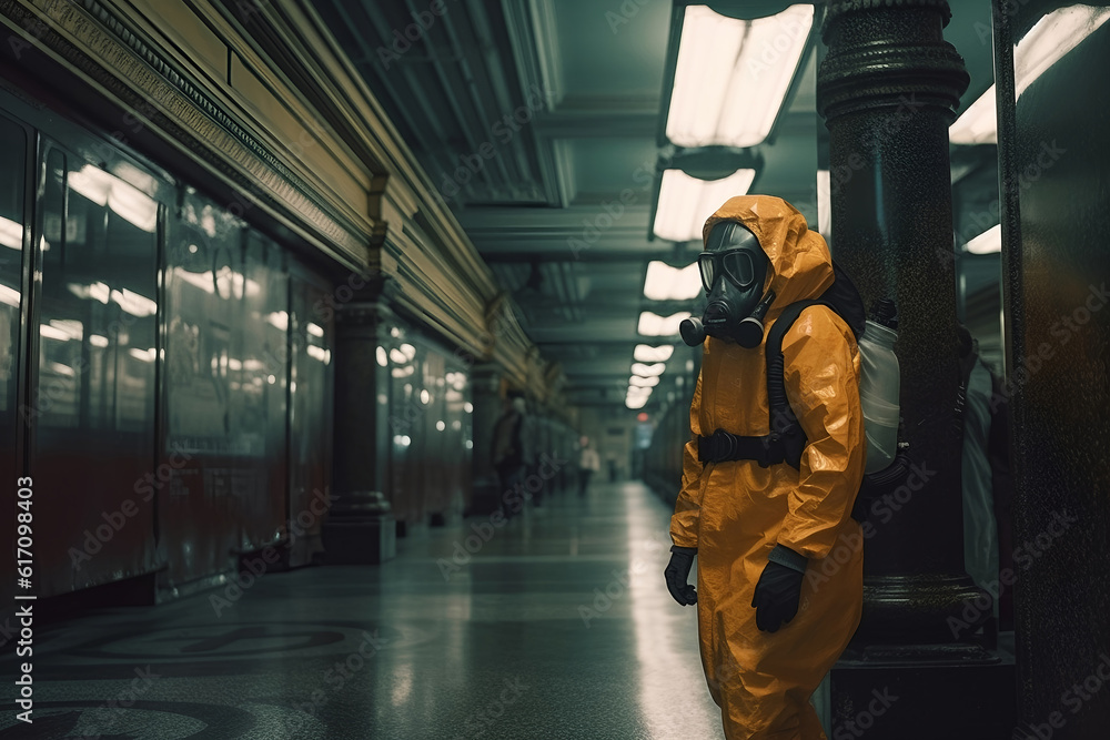 Fiction person in the hazmat suit in the different locations working ...