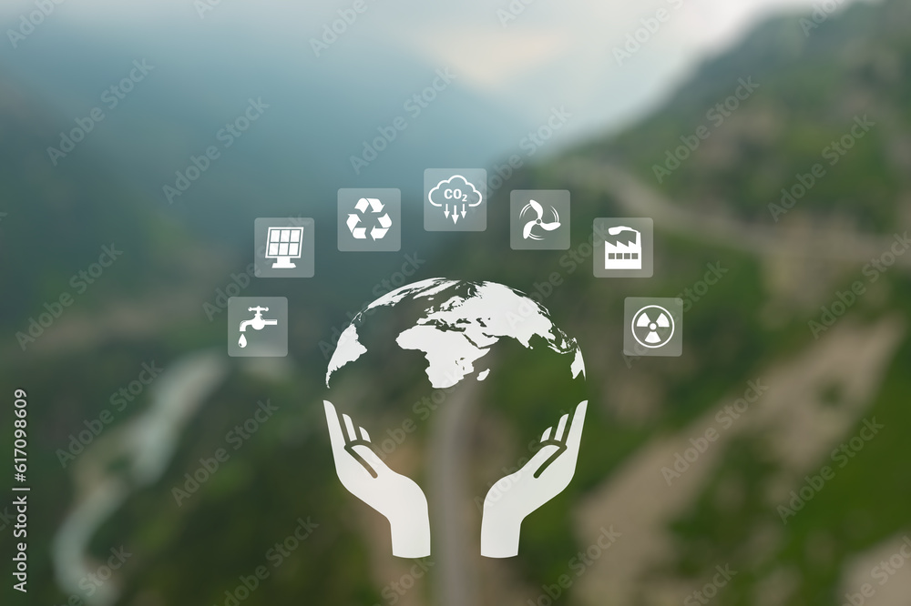 Net zero icons on the top view of the forest for Carbon neutral and net zero concept natural ...