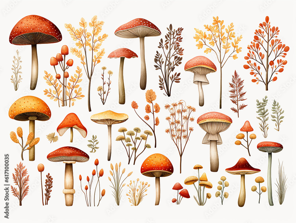 Illustration Stock set in stile acquerello di funghetti e foglie ...