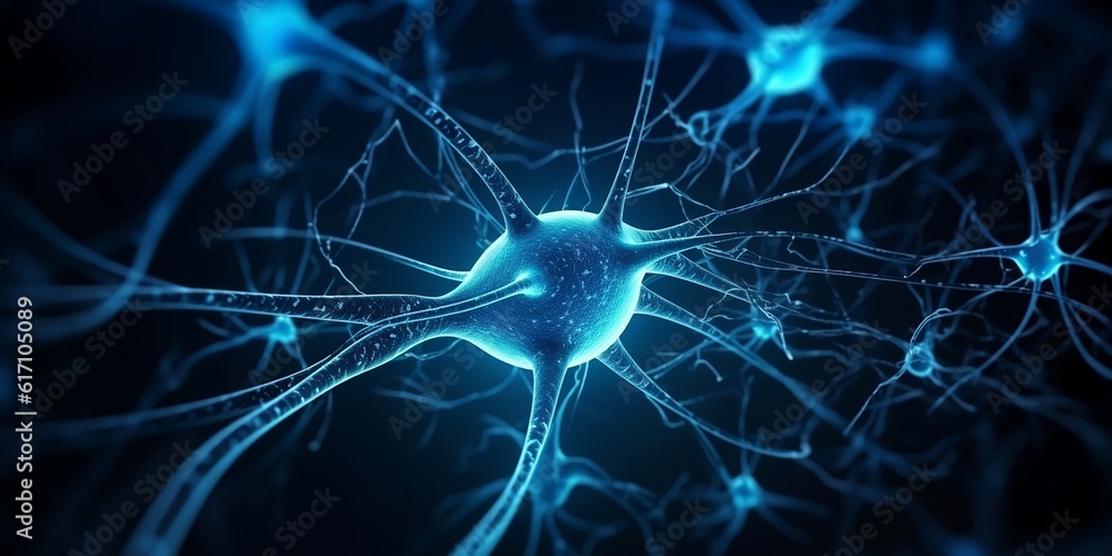 Nerve cell blue color banner, system neuron of brain with synapses ...