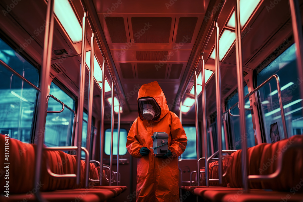 Fiction person in the hazmat suit in the different locations working ...