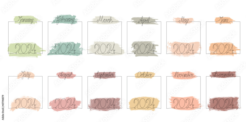 2024 year hand draw month calendar template with brush strokes pastel ...