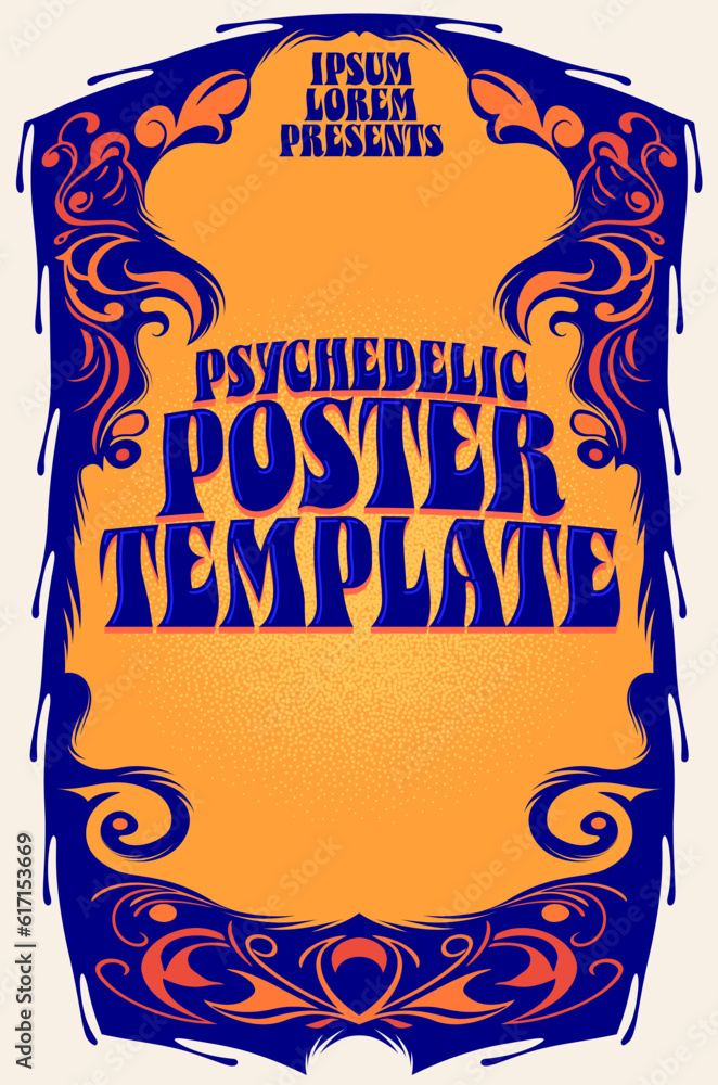 A psychedelic poster template in warm orange and red colors, and dark ...