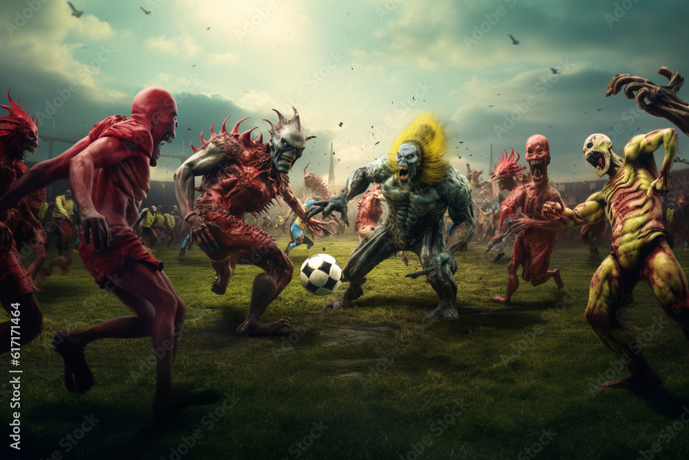 Evil nightmare alien monsters playing football on the field. Scary ...