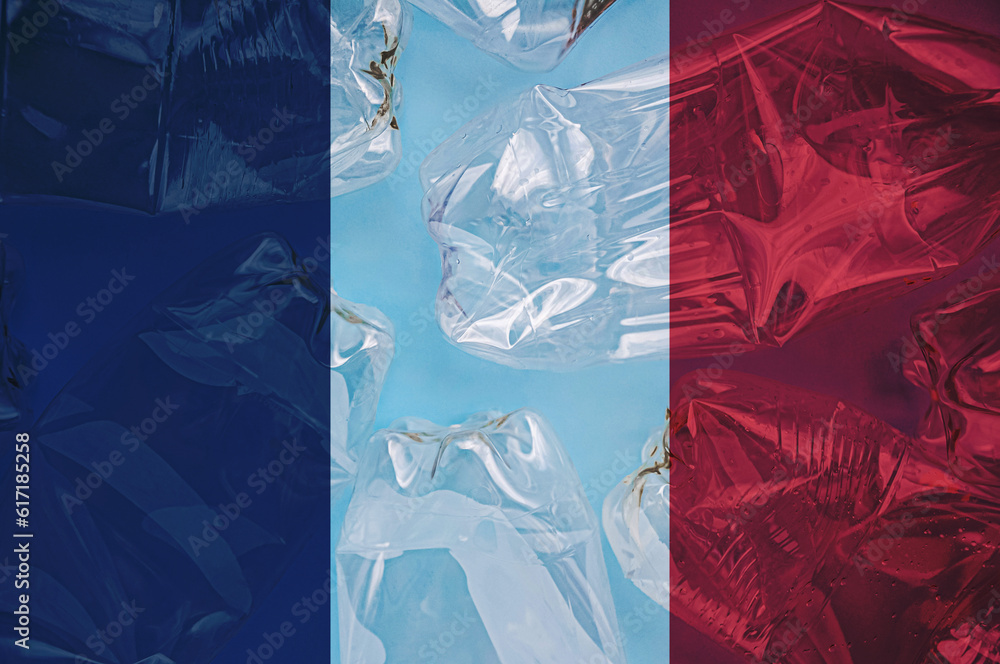 France flag is shown on the plastic bottles. Ecology concept with ...