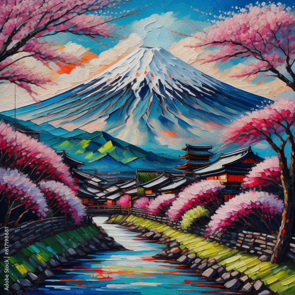 Acrylic painting, Fujinomiya, Shizuoka, Japan with Mt. Fuji in spring ...