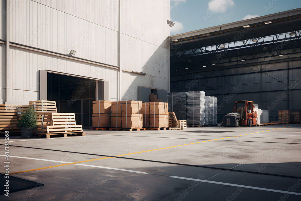 Exterior of a warehouse with stacked pallets and an open entrance Stock ...