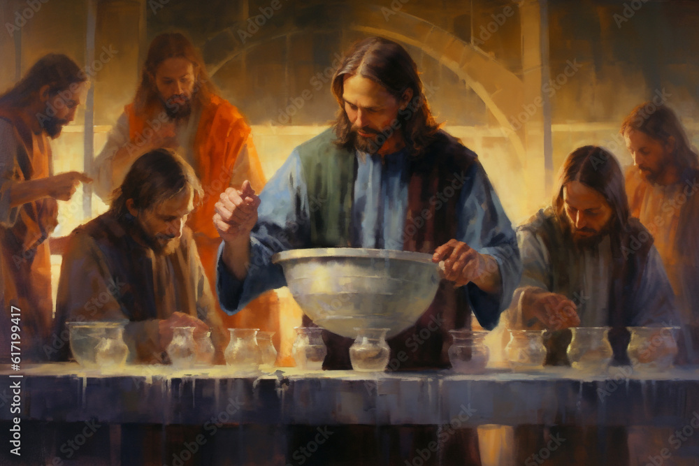 Jesus Christ turns water into wine. Religion Bible. History. During a ...