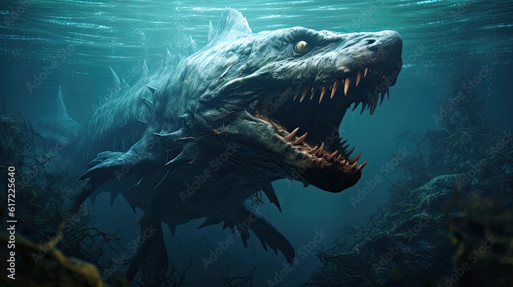 Sea monster open its mouth with teeth, fantasy underwater creature ...
