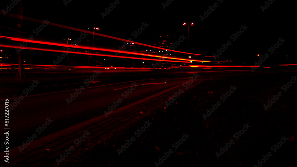 Lights of cars at night. Street line lights. Night highway city. Long ...