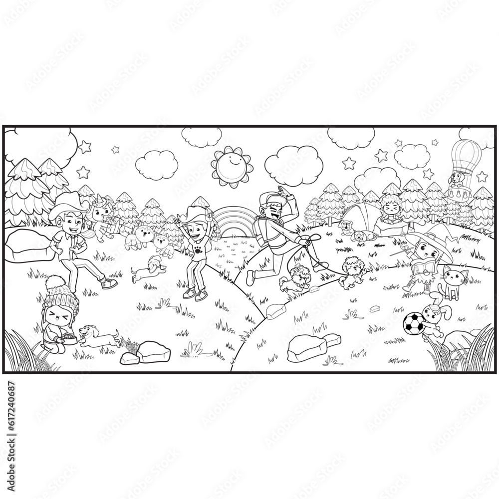 Coloring page in the park with cute puppies Stock Vector | Adobe Stock
