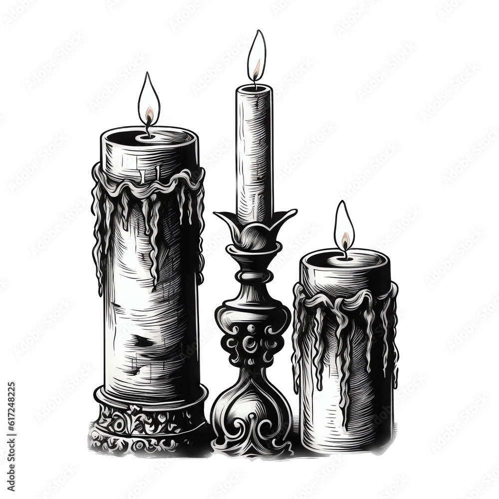 Set of Three Candles Goth Black and White Drawing, Isolated Clipart ...