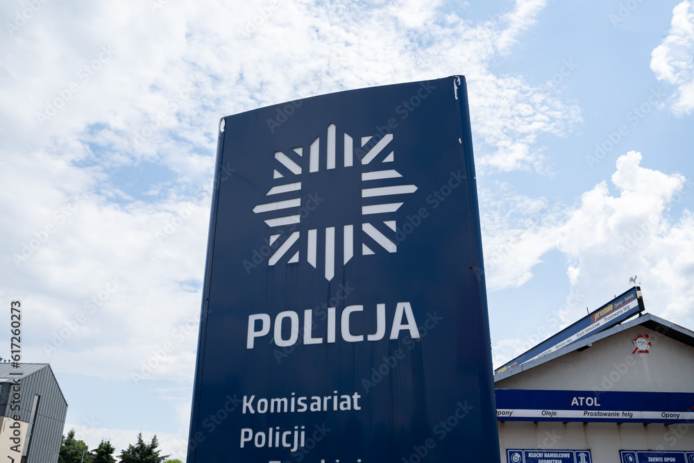 Police information sign with logo in Poland, indicating the location of ...