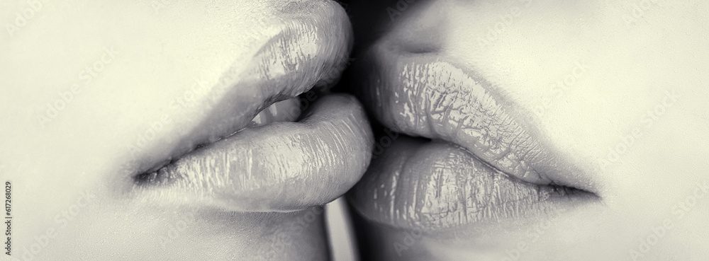 Lesbian couple kiss lips. Passion and sensual touch. Closeup of women mouths kissing. Two ...