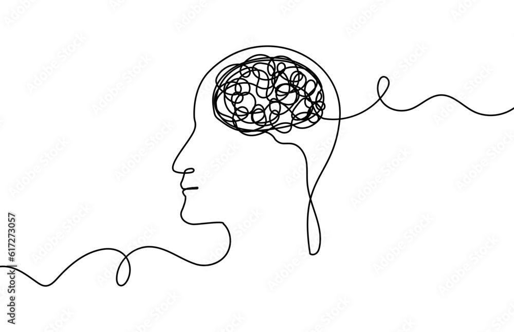 Continuous One Line Mental Chaos Brain Head Health Mind Art Sketch ...