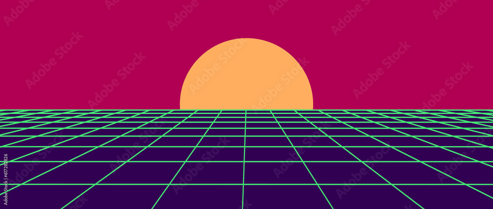 Futuristic sci-fi grid landscape in retro style. Digital cybernetic ...