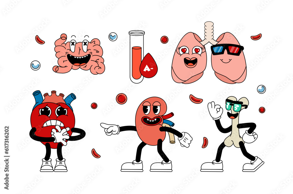 Vector de Stock Set of retro human organs in funny comic cartoon style ...