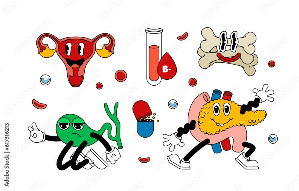 Set of retro human organs in funny comic cartoon style, gloved hands ...