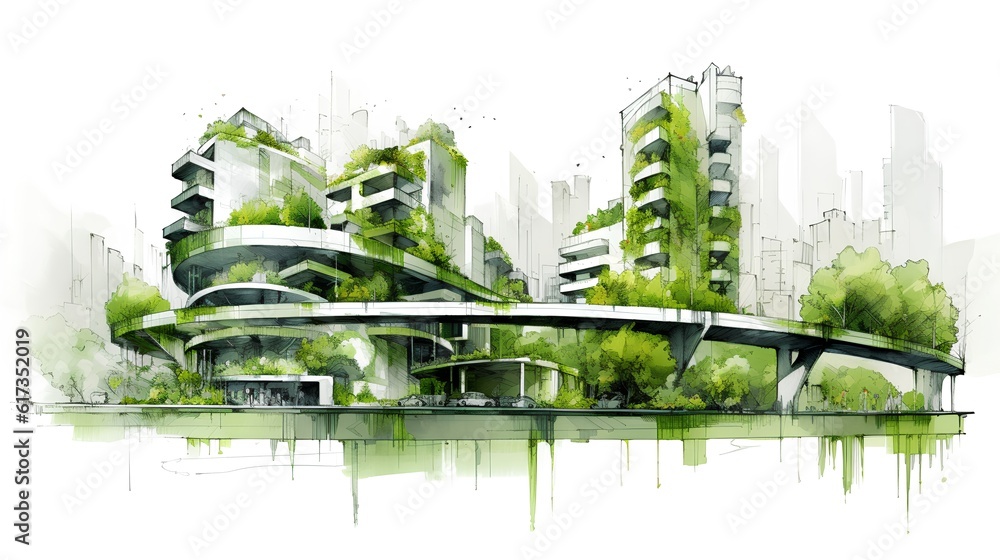 Sustainable urban design project concept. Green cityscape, including ...