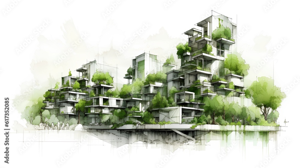 Sustainable urban design project concept. Green cityscape, including ...