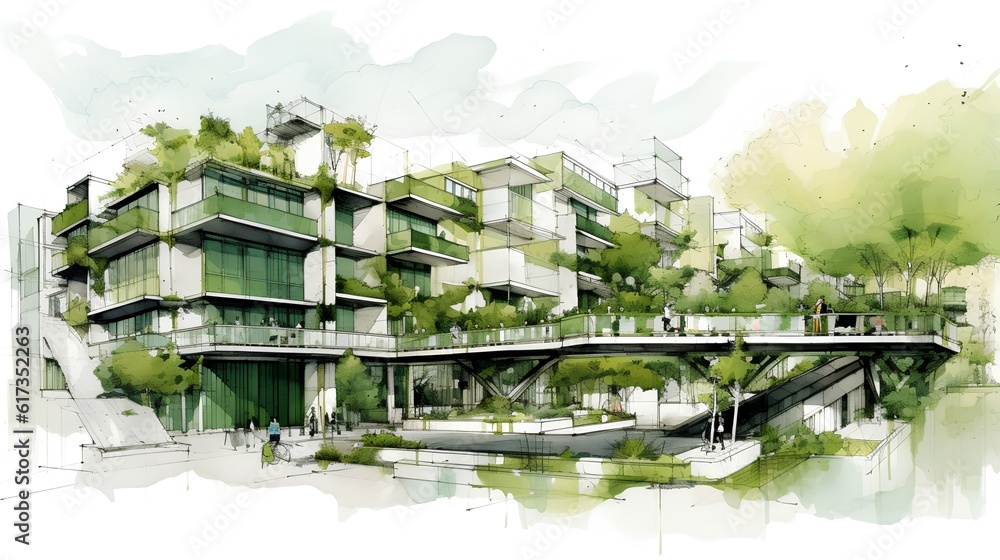 Sustainable urban design project concept. Green cityscape, including ...