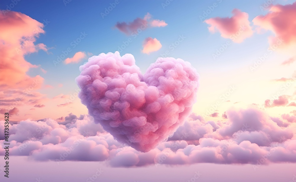 Pink heart shaped clouds on sky scene fluffy cotton candy dream fantasy soft background ...