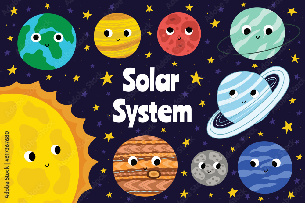 Solar system cute planets set. Space educational poster with Mercury ...
