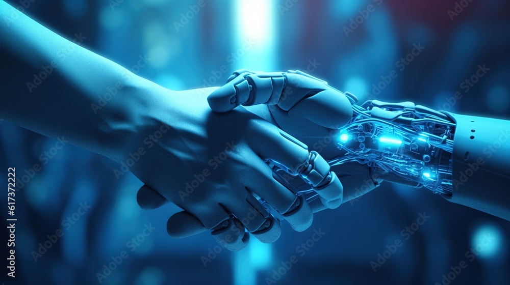 Robot and man shaking hands. Concept of human interaction with artificial intelligence ...