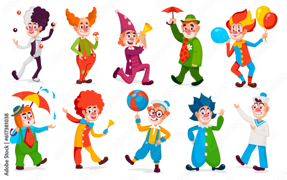 Set of clowns in different poses isolated on white background. Funny ...