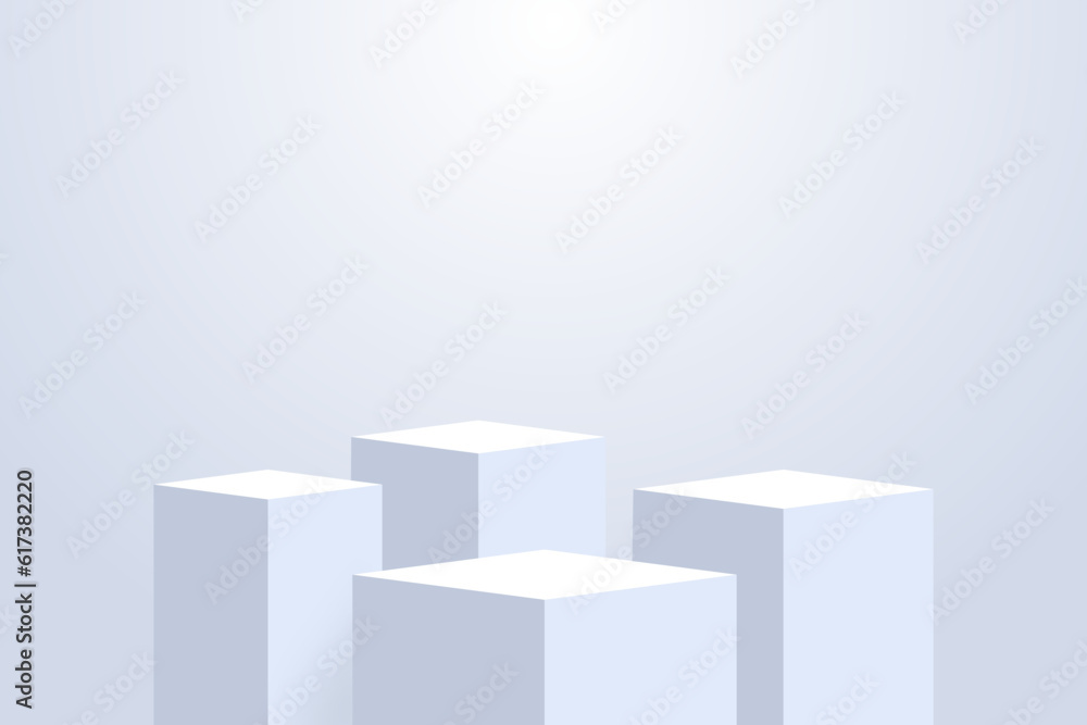 Four realistic light platform, stage with empty pedestals. Сubic shape ...