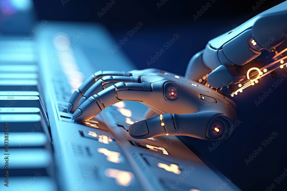 Generative AI illustration of hands of robot typing on keypad. Robotic ...
