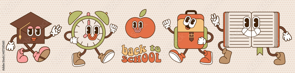 Comic retro cartoon characters set with book, graduation hat, alarm ...