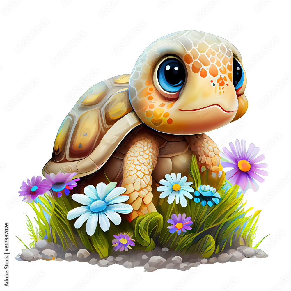Watercolor Cute Smile Baby Turtle with flower Full Color Sublimation ...
