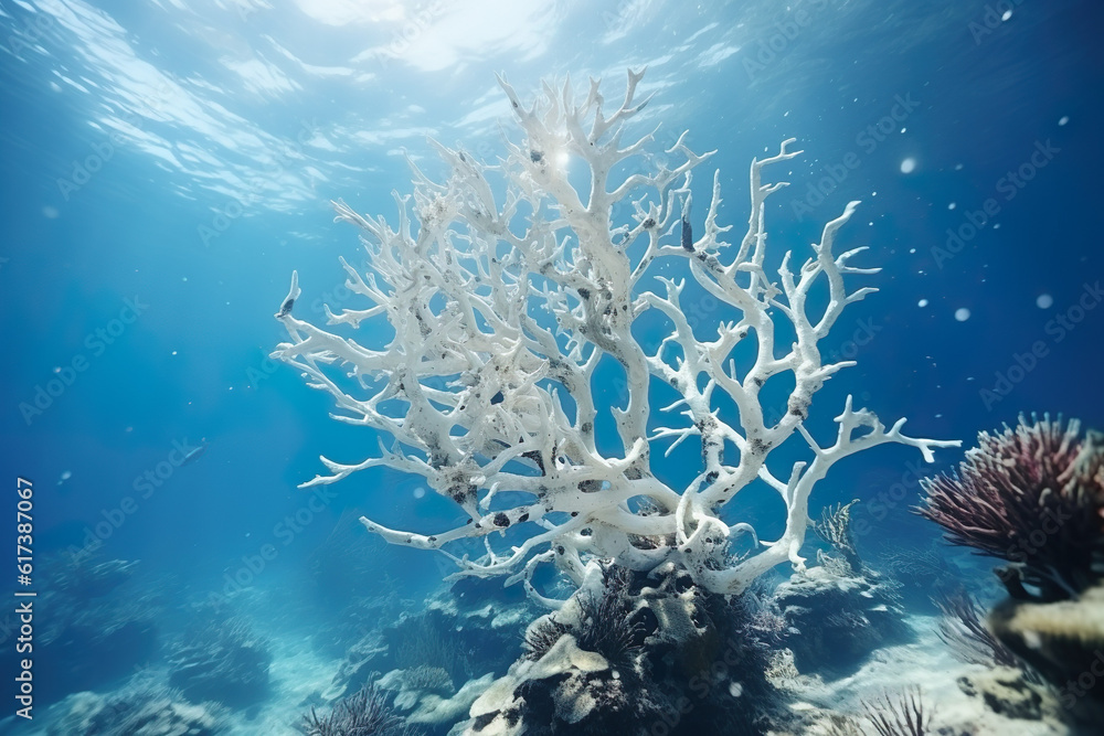 Dead corals. Dead coral reef in the warming ocean. Climate change is ...